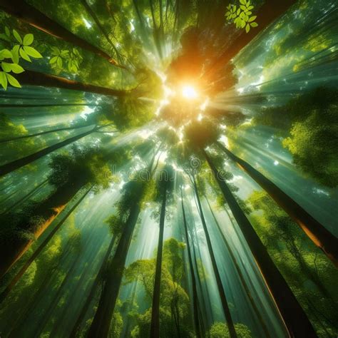 Looking From Below The Towering Trees Of Leaves Lush With Dappled Light
