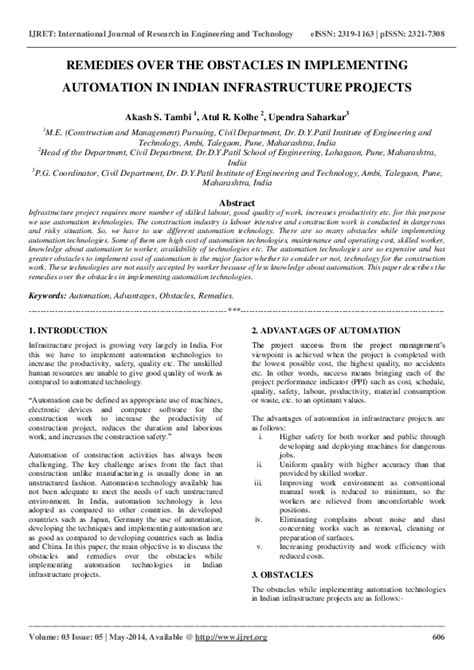 Pdf Remedies Over The Obstacles In Implementing Automation In Indian Infrastructure Projects