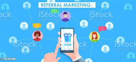 추천 마케팅 배너입니다 전화와 사용자 Avatat 손 벡터 만화 일러스트 레이 션 개념에 대한 스톡 벡터 아트 및 기타 이미지