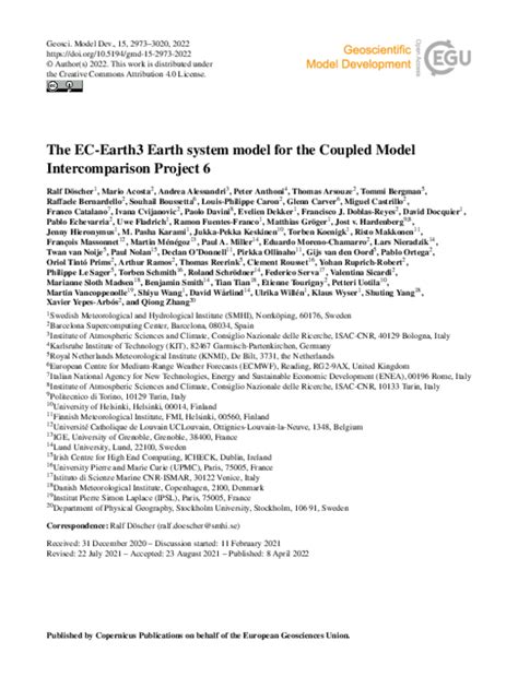 Pdf The Ec Earth3 Earth System Model For The Coupled Model Intercomparison Project 6