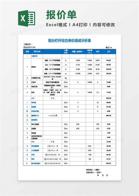 阳台栏杆综合单价组成分析表Excel模板下载 熊猫办公