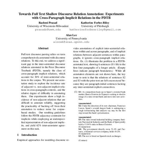 Towards Full Text Shallow Discourse Relation Annotation Experiments With Cross Paragraph