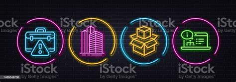 포장 상자 고층 빌딩 건물 및 경고 서류 가방 최소 라인 아이콘 웹 응용 프로그램의 경우 벡터 인쇄 네온에 대한 스톡 벡터 아트