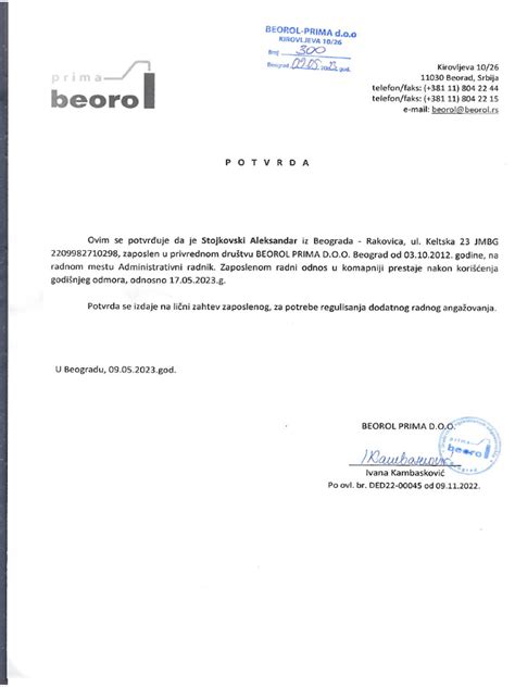 Stojkovski Aleksandar Potvrda O Zaposlenju Pdf