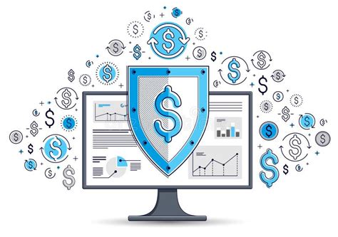 Shield Over Computer Monitor And Dollar Set Of Icons Internet Financial Security Concept