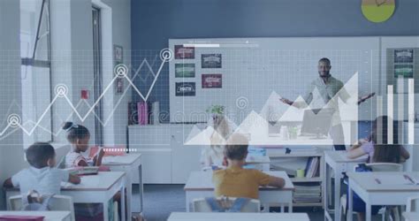 Image Of Data Processing And Diagrams Over Diverse Male Teacher And