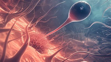 A Stunning Close Up Of Cellular Interaction Showcasing A Sperm Cell Approaching An Egg Cell In
