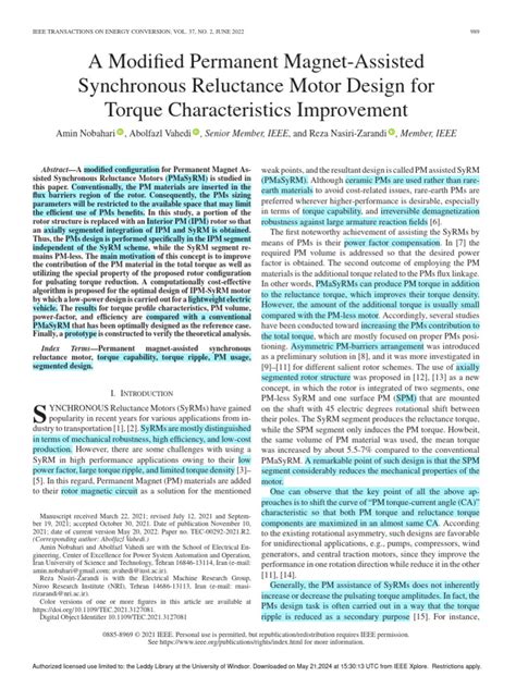 Read A Modified Permanent Magnet Assisted Synchronous Reluctance Motor Design For Torque
