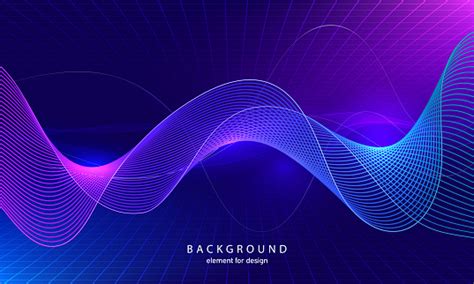 설계를 위한 필드 효과의 깊이가 있는 원근 메쉬가 있는 추상파 요소 그리드 디지털 이퀄라이저 양식에 일치시키는 라인 아트 배경 선이있는 다채로운 빛나는 파도 곡선 물결 선