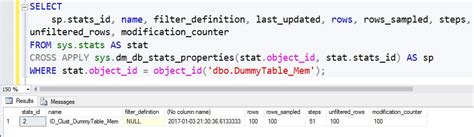 Sql Server Using Dmdbstatsproperties With Inmemory Oltp Tables