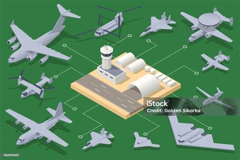 아이소 메트릭 군용 전투기 대형 군용 수송기 헬리콥터 건쉽 공격 헬리콥터 주차 격납고가있는 군 공군 기지 육군 시설 군사 기지에 대한 스톡 벡터 아트 및 기타 이미지