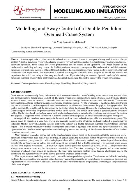 Pdf Modelling And Sway Control Of A Double Pendulum Overhead Crane System