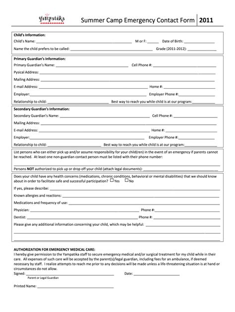 Yampatika Summer Camp Emergency Contact Form Fill Online Printable Fillable Blank PdfFiller