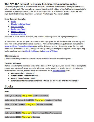 APA Reference List Examples To Download