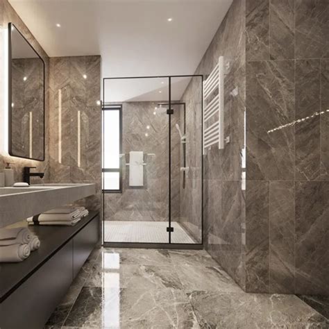 Glass Shower Partition And Bathroom Marble Tiles In Hotel And Resort