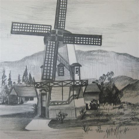Vintage Windmill Pencil Drawing Print First Mills Solvang By Donald