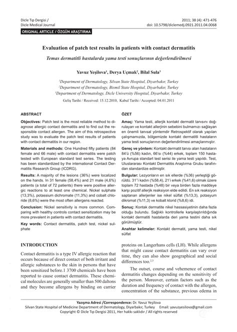 PDF Evaluation Of Patch Test Results In Patients With Contact Dermatitis