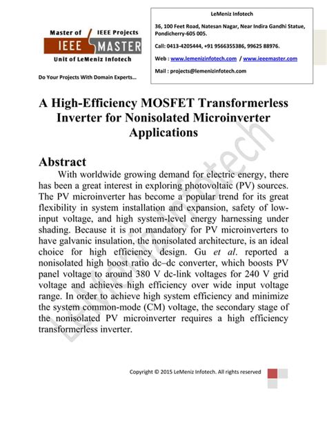 A High Efficiency Mosfet Transformerless Inverter For Nonisolated Microinverter Applications Pdf