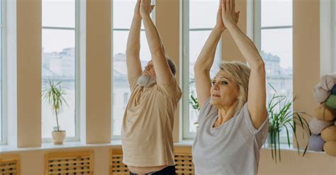 건강 건강과 피트니스 건강한 생활 고요함 관절 건강 균형 나무의 포즈 남자 노부부 노인 노인 건강 라이프스타일 마음가짐 빛이 가득한 방 성숙한