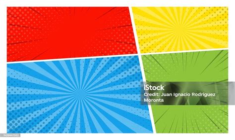 방사형 및 하프톤 효과가있는 프레임이있는 만화 페이지 템플릿 벡터 일러스트 레이 션 슈퍼히어로에 대한 스톡 벡터 아트 및 기타