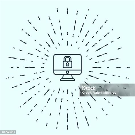 회색 배경에 격리 된 컴퓨터 모니터 화면 아이콘에 검은 줄 잠금 보안 안전 보호 개념 안전한 인터넷 작업 추상 원 임의점 벡터 가능성에 대한 스톡 벡터 아트 및 기타 이미지