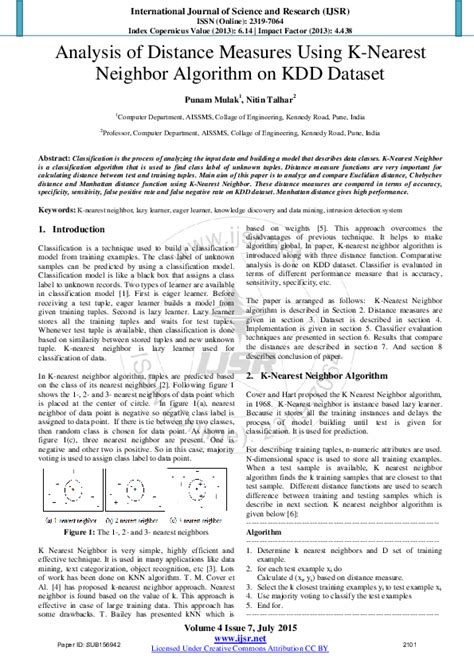 pdf analysis of distance measures using k nearest neighbor algorithm