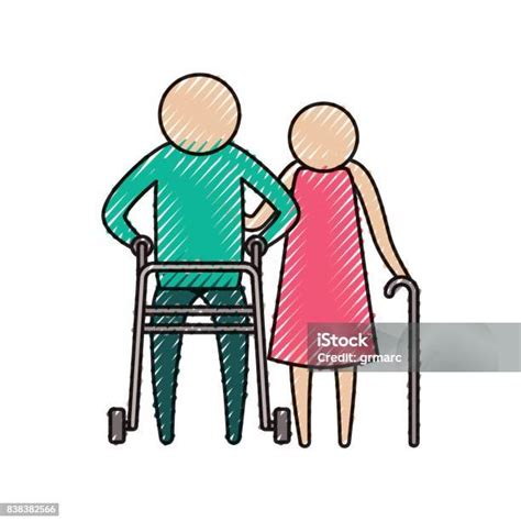 색상 크레용 실루엣 그림 지원 워커에 남자와 노인 부부와 막대기로 여자의 건강관리와 의술에 대한 스톡 벡터 아트 및 기타 이미지 건강관리와 의술 남자 드레스 Istock