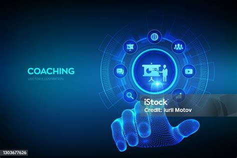 가상 화면에서 코칭 및 멘토링 개념 개인 개발 교육 및 E러닝 웨비나 온라인 교육 과정 디지털 인터페이스를 터치 하는 로봇 손 벡터 그림입니다 강사에 대한 스톡 벡터 아트