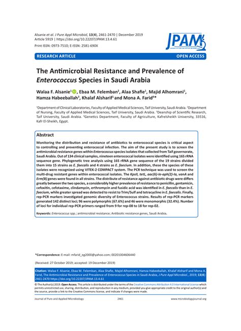 Pdf The Antimicrobial Resistance And Prevalence Of Enterococcus Species In Saudi Arabia
