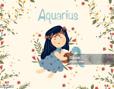 물병 자리 조디악 표지판 물 별 꽃 나뭇잎의 꽃병을 들고 있는 소녀와 함께 귀여운 배너 조디악의 점성술 물병 자리 표시 벡터