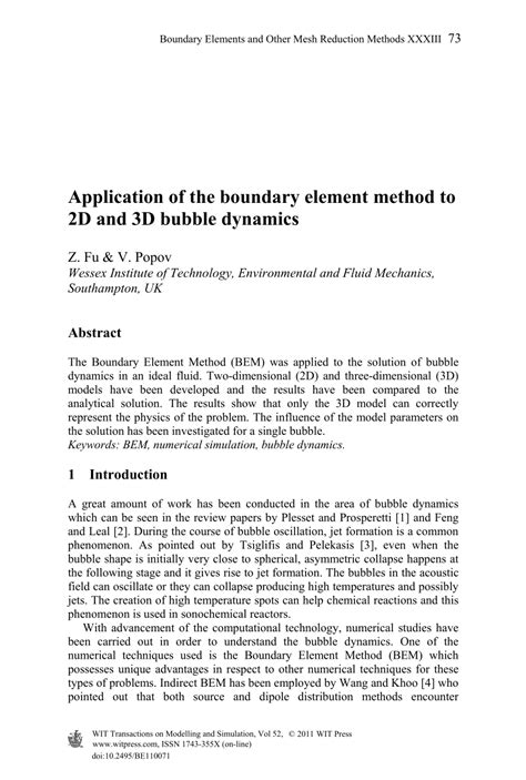 Pdf Application Of The Boundary Element Method To 2d And 3d Bubble