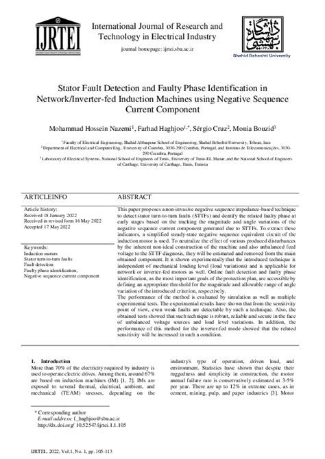 Stator Fault Detection And Faulty Phase Identification In Networkinverter Fed Induction