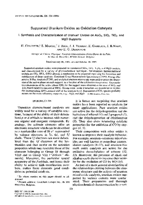 Pdf Supported Uranium Oxides As Oxidation Catalysts I Synthesis And