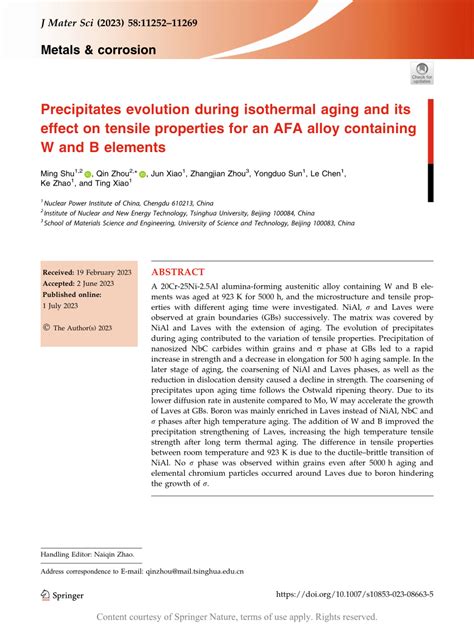Pdf Precipitates Evolution During Isothermal Aging And Its Effect On