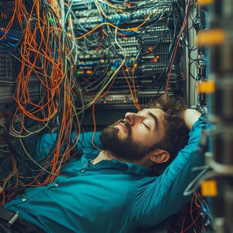 Young Man In Datacenter Server Room Working Late At Night Premium Ai Generated Image
