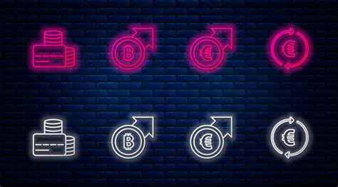 라인 설정 금융 성장과 비트코인 유로 신용 카드 및 코인 머니를 기호로 표시합니다 벽돌 벽에 빛나는 네온 아이콘 벡터 개념에 대한 스톡 벡터 아트 및 기타 이미지 Istock