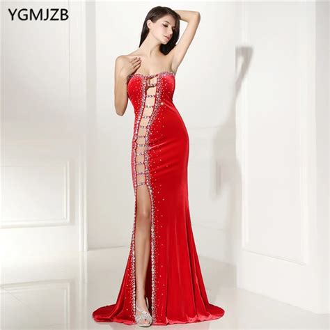Long Evening Dresses 2018 Mermaid Sexy Cot Out Beaded Sleeveless With Slit Red Prom Dresses