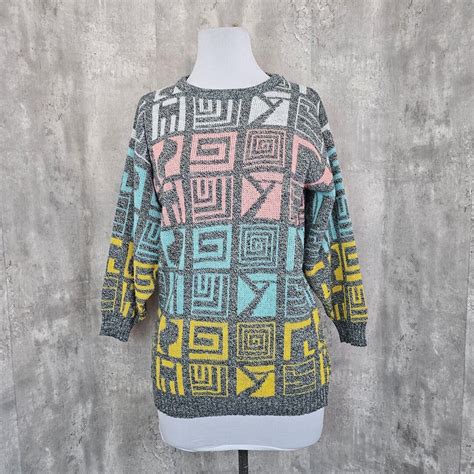 Vintage 80s 90s Jolie Womens M Grey Pastel Geo Pattern Long Line Knit