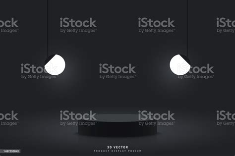 검은색 3d 실린더 연단 또는 원형 무대가 있는 최소한의 장면으로 사실적인 제품 및 구체 전구 교수형을 보여줍니다 텅 빈 검은색 장면입니다 3d 벡터 렌더링 디자인 깨끗한