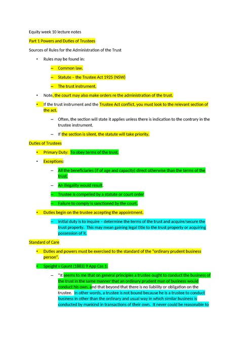 Equity Week 10 Lecture Notes Equity Week 10 Lecture Notes Part 1 Powers And Duties Of Trustees