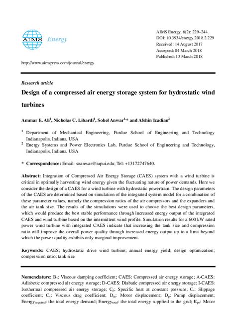 Pdf Design Of A Compressed Air Energy Storage System For Hydrostatic
