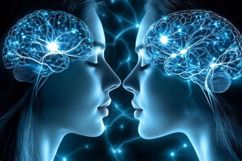 Neuralnet Hypothalam And Neurofeedback Two Interconnected Human Heads With Glowing Brains