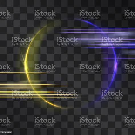 투명 한 배경에 격리 된 측면 레이저 플레어빛 효과 일식 프레임 반짝이는 에너지 링이 움직입니다 고급스러운 디자인 요소 황금색과 파란색 장식 반지와 빛나는 후광 금색에 대한