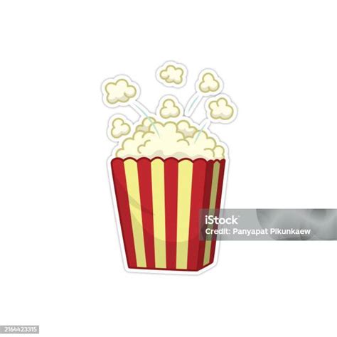 클래식 빨간색과 노란색 줄무늬 팝콘 양동이가 맛있는 버터 팝콘으로 폭발하는 벡터 그림입니다 팝콘에 대한 스톡 벡터 아트 및 기타 이미지 Istock