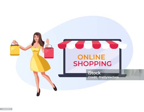 구매 가방을 들고 행복 한 웃는 여자 온라인 인터넷 쇼핑 개념입니다 벡터 평면 만화 그래픽 디자인 일러스트 레이 션 고객에 대한 스톡 벡터 아트 및 기타 이미지 Istock