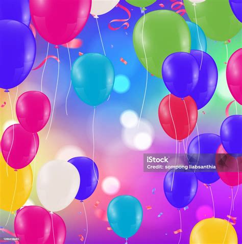 다채로운 풍선 벡터 일러스트레이션 색종이와 플래그 리본 축하 배경 템플릿 배너 새해 장식 힙스터 계절 세일 색종이 3차원 형태에 대한 스톡 벡터 아트 및 기타 이미지