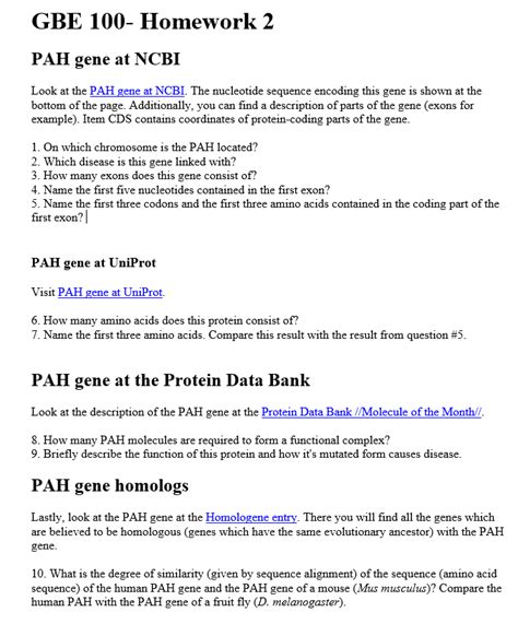 Solved Gbe 100 ﻿homework 2pah Gene At Ncbilook At The Pah