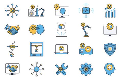 산업 아이콘 세트입니다 인더스트리 50 3d 프린팅 인공 지능 증강 현실 고급 센서 지능형 로봇 등 플랫 라인 아이콘 스타일