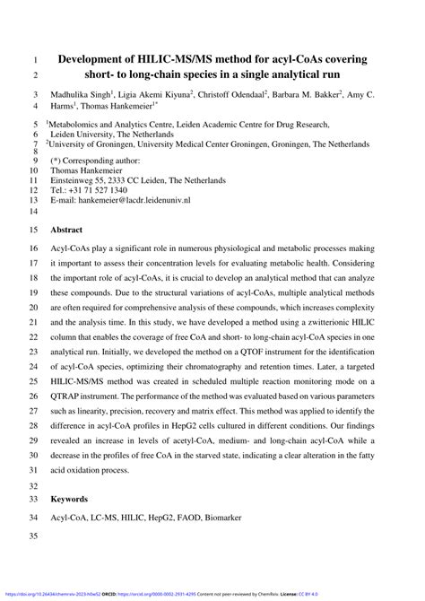 Pdf Development Of Hilic Msms Method For Acyl Coas Covering Short To Long Chain Species In A