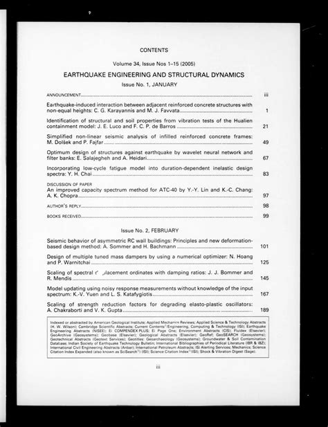 Earthquake Engineering And Structural Dynamics 2005 Vol 34 Table Of Contents Free Download